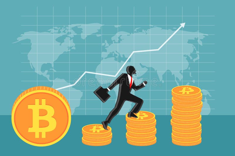 Businessman Running on Stack of Rising Bitcoin, Rising Curve Graph and ...