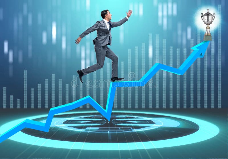 Businessman Running Towards Prize Cup Trophy Stock Photo - Image of ...