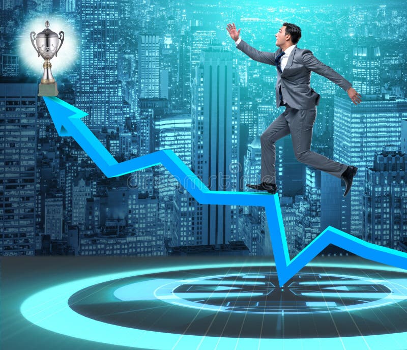 Businessman Running Towards Prize Cup Trophy Stock Photo - Image of ...