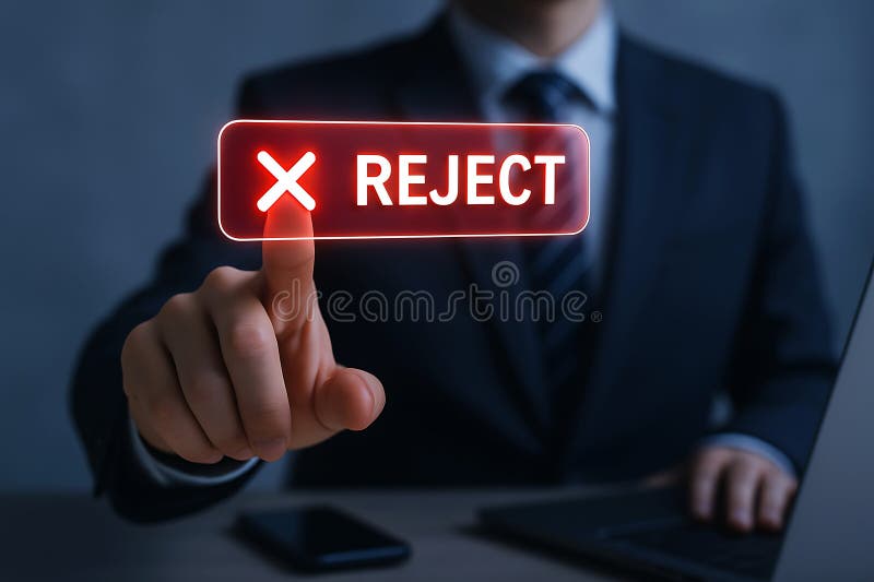 Businessman S Finger Pressing a Glowing Red Reject Button with a White ...