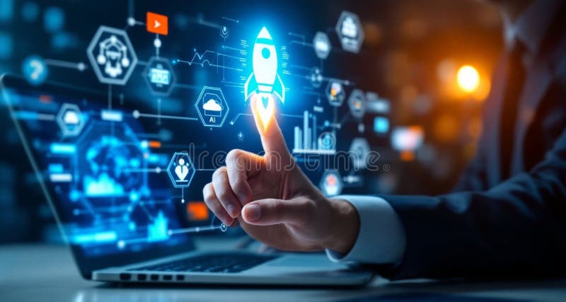 Faceless Businessman Launches Tech Startup on Futuristic Interface ...