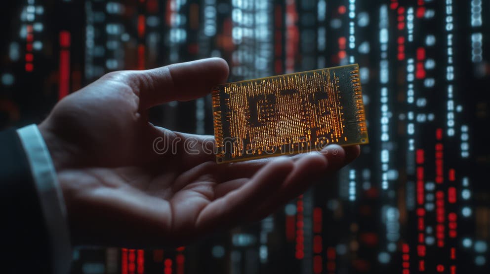 Businessman S Hand Holding Digital Chip in Front of Binary Code: Cyber ...