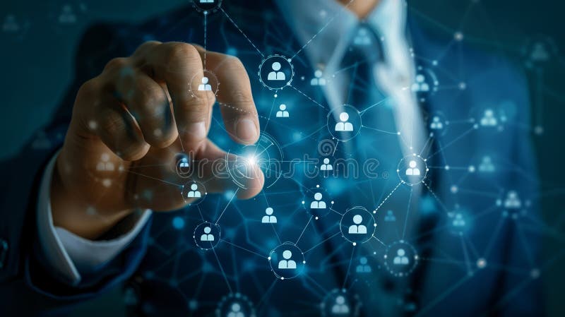 Businessman S Hand Interacting with a Network of People Icons ...