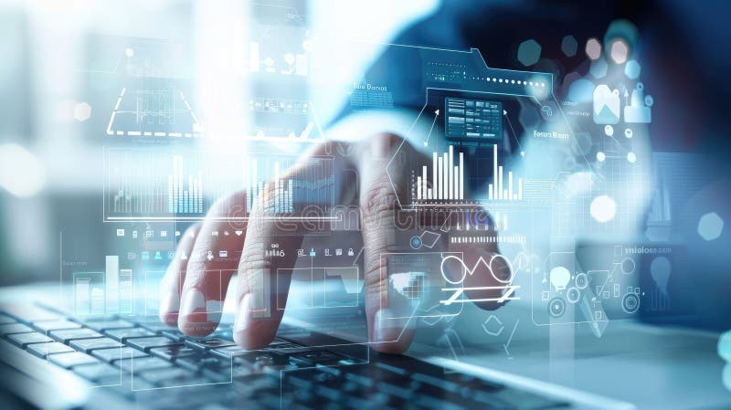 Businessman S Hand Operates Modern Computer, Analyzing Business Graph ...