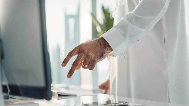 Man Pointing at a Computer Screen in a Modern Office Stock Illustration ...