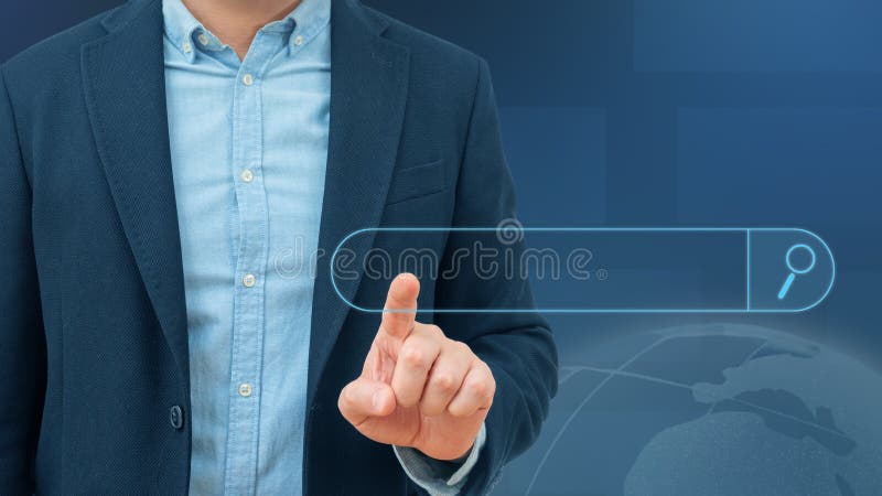 Businessman& X27;s Hand Touches Search Bar on Virtual Screen. Wireless ...