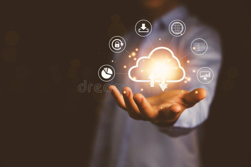 Businessman S Hands Showing a Diagram of Cloud Computing Information Technology Icon. Concept of ...