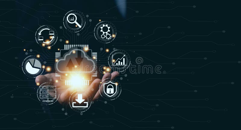 Businessman S Hands Showing a Diagram of Cloud Computing Information Technology Icon. Concept of ...