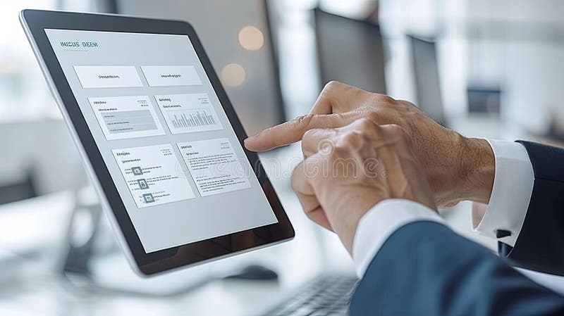 A Businessmans Hands are Shown Using a Tablet To Review Data Charts and ...