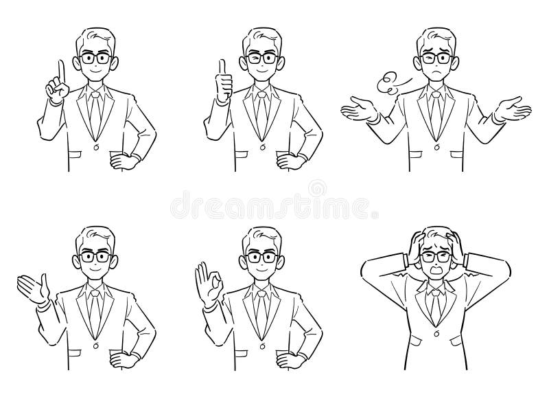 Businessman`s Upper Body 6-piece Set with Glasses 1 Line Drawing Stock ...