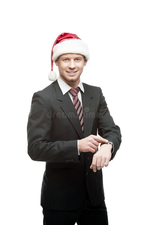 Businessman in Santa Hat Pointing at Watch Stock Photo - Image of happy ...
