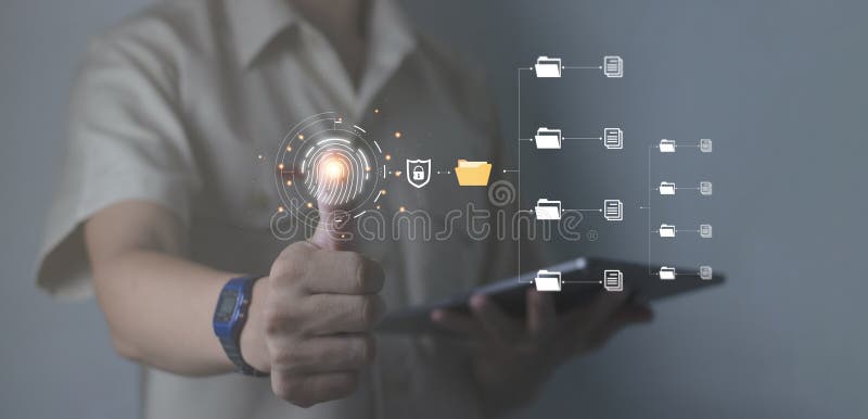 Businessman Scans Finger To Access Document Information Online through ...
