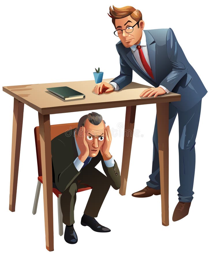 Businessman Scared of Angry Boss Under Table. Stock Illustration ...