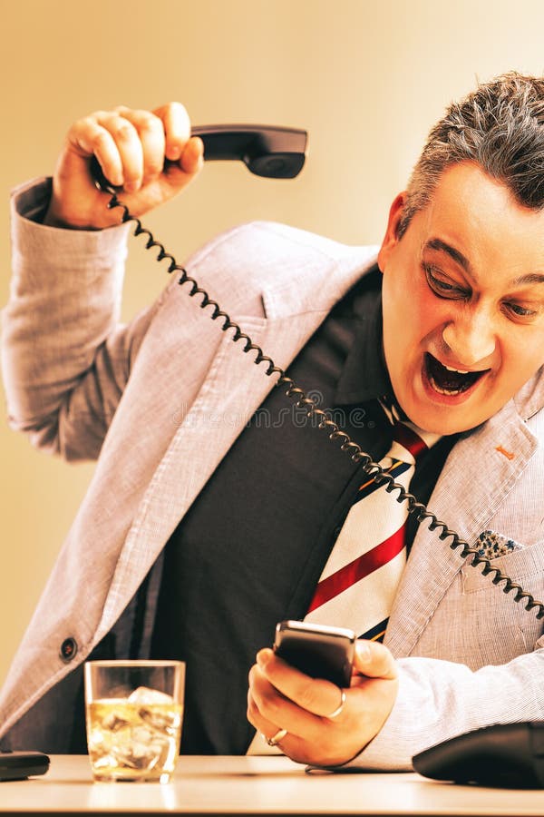 Businessman Screaming at Phone Hiding Problems with Alcohol. Alc Stock ...