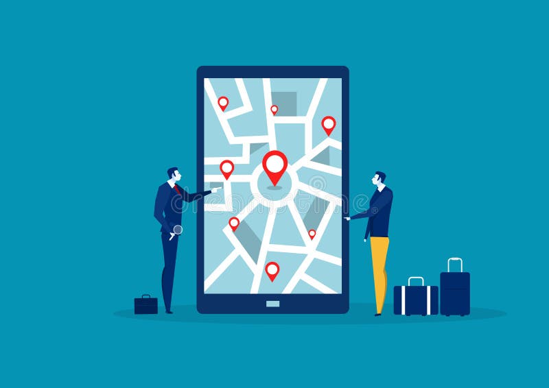 Businessman Searchig for Location on Mobile Phone Map.vector ...