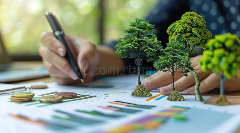 Businessman is Sitting at Surrounded by Small Trees with Ink Pen To ...
