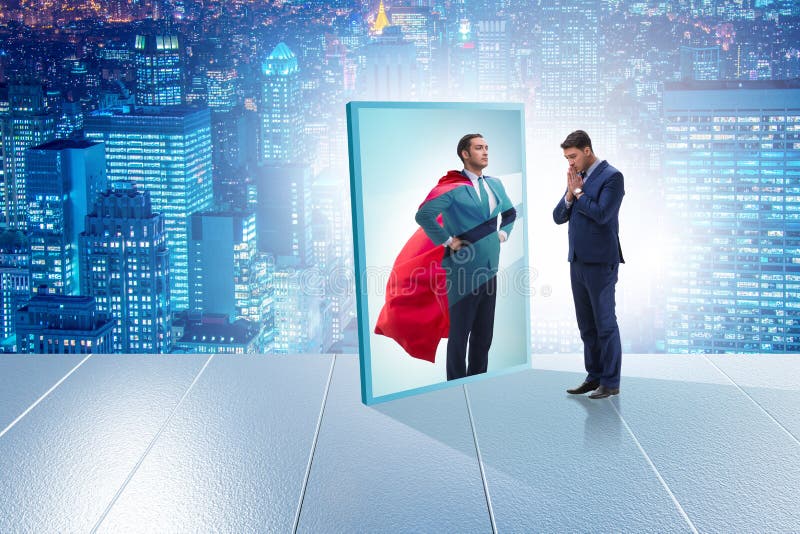 Businessman Seeing Himself in Mirror As Superhero Stock Photo - Image ...
