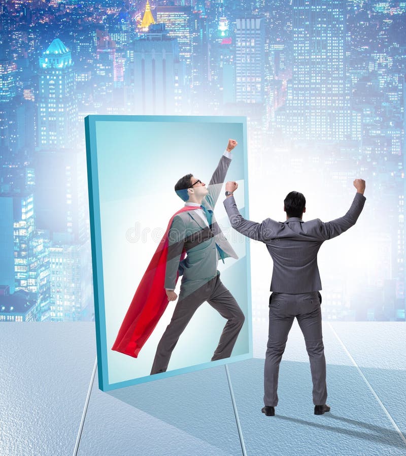 Businessman Seeing Himself in Mirror As Superhero Stock Image - Image ...