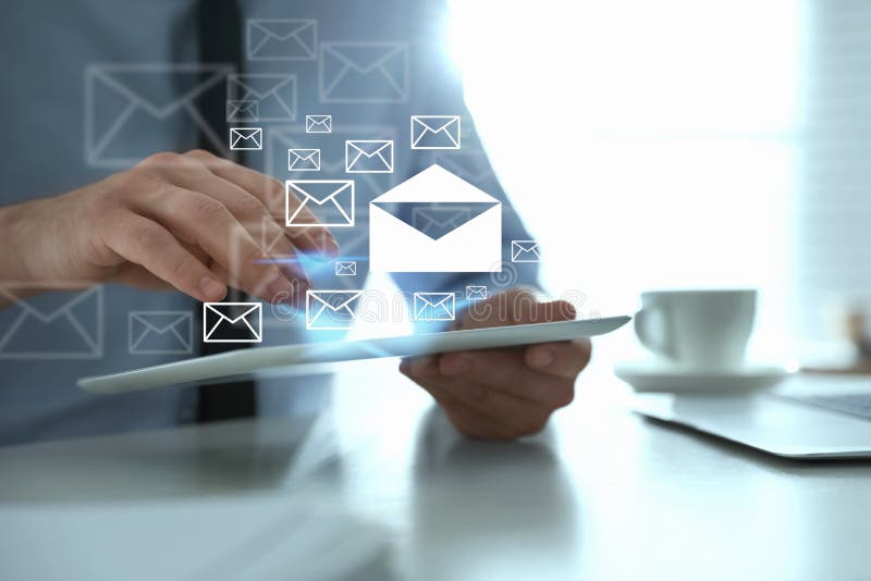 Businessman Sending Emails at Table in Office Stock Photo - Image of ...