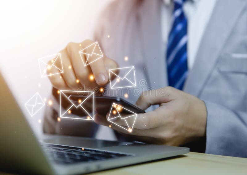 Businessman Sending a Letter from a Computer. Electronic Mail Concept is Online Communication on ...