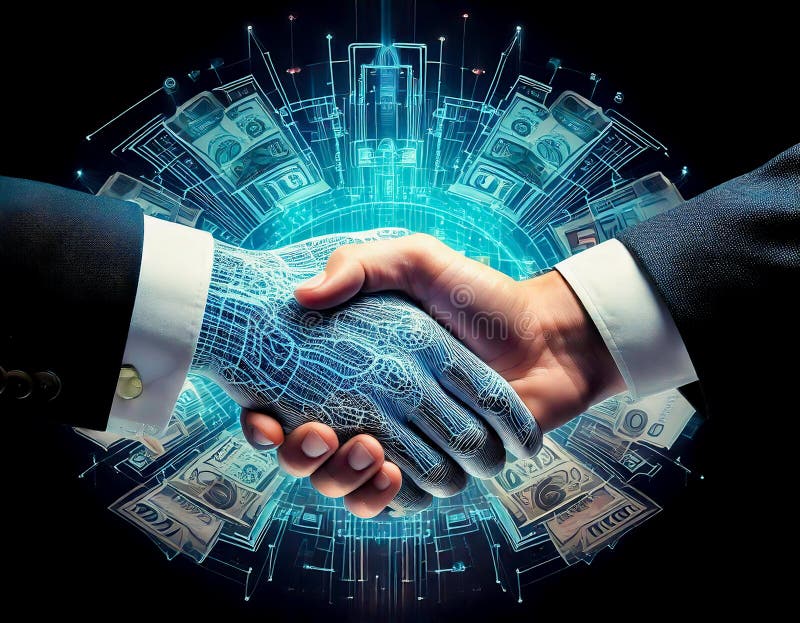 Businessman Shaking Hands with Robot Over Digital Global Network. AI ...