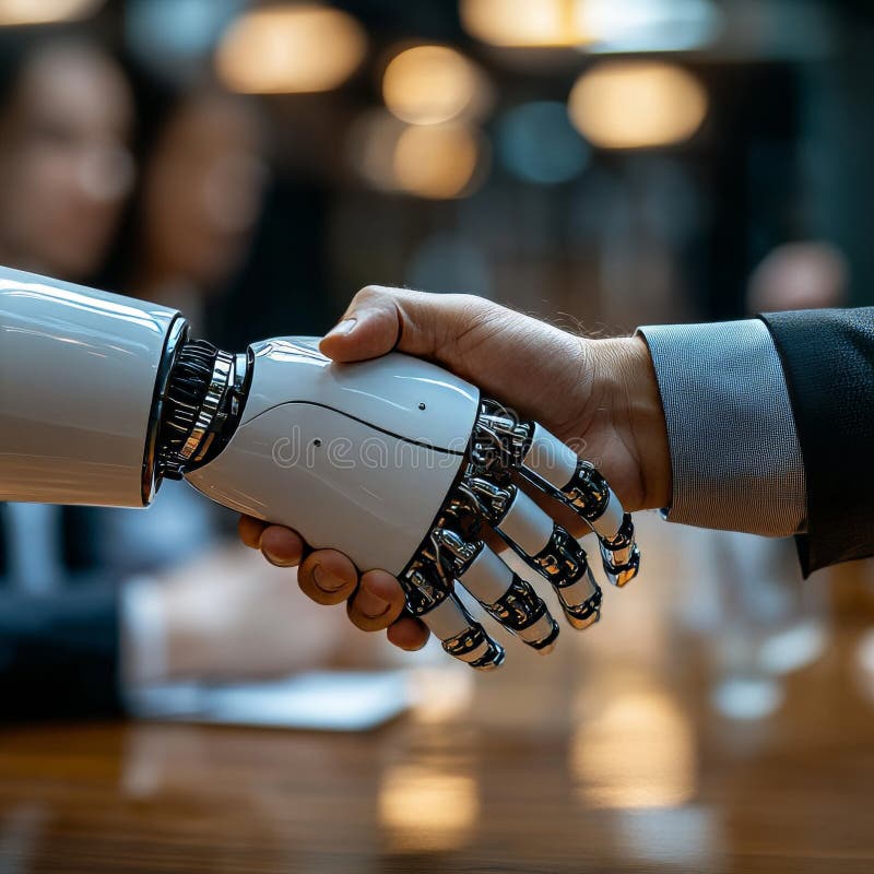 Businessman Shaking Hands with Robot Symbolizing Success and Unity in ...