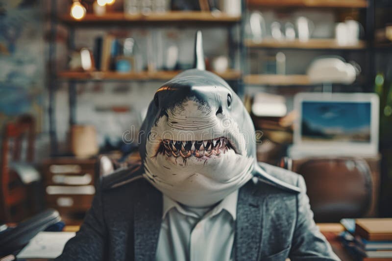 Businessman with Shark Head Sitting in Office Desk Stock Photo - Image ...