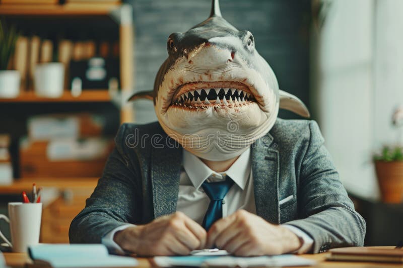 Businessman with Shark Head Sitting in Office Desk Stock Photo - Image ...