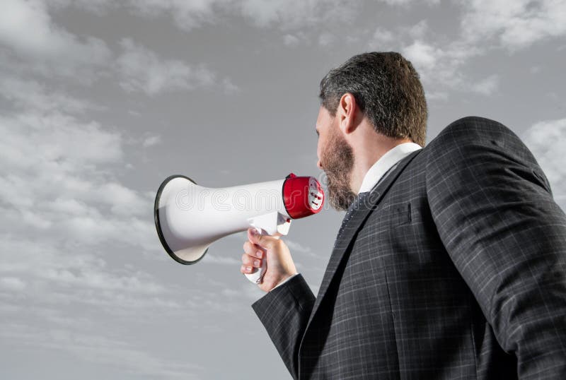 Businessman Shout Loud in Loudspeaker on Sky Background Stock Photo ...
