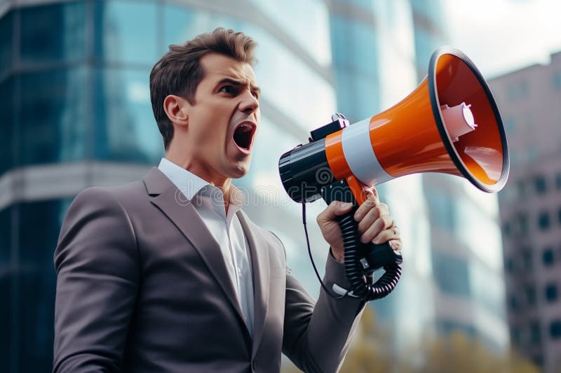 Businessman Shouting through a Megaphone Outside in Front of Office ...