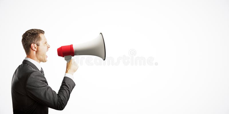 Businessman Shouting into Megaphone on White Background for ...