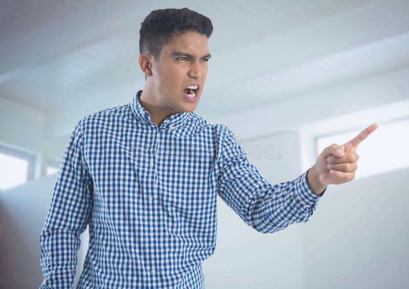 Businessman Shouting and Pointing Angrily in Minimal Room Stock Image ...
