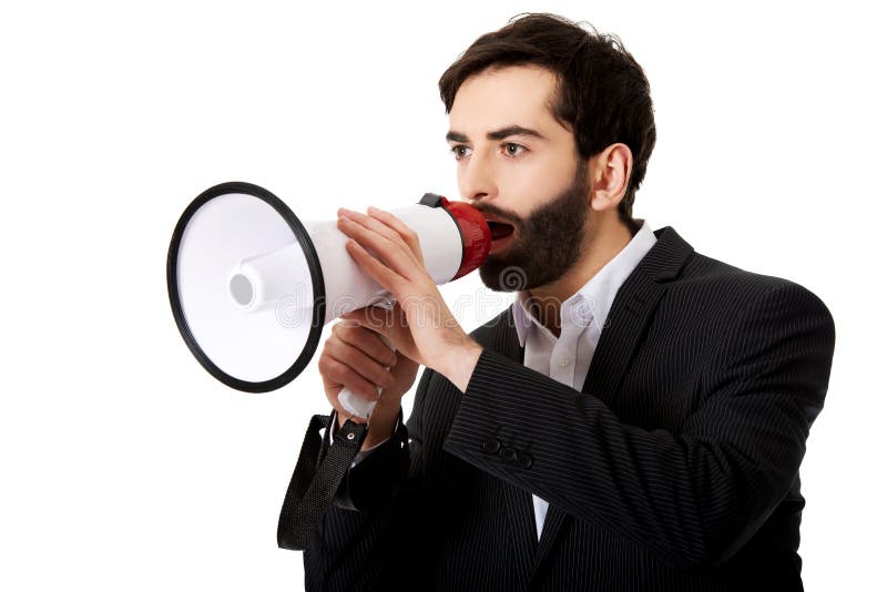 Businessman Shouting Using a Megaphone. Stock Photo - Image of loud ...