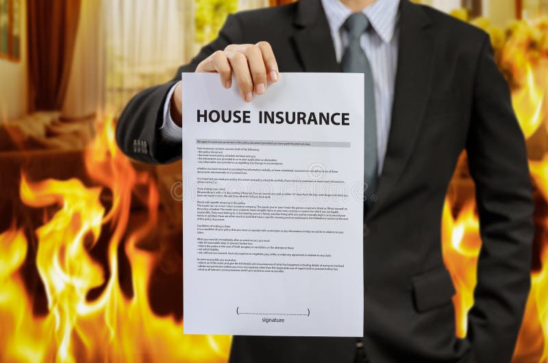 Businessman Show Home Insurance Policy with Fire Stock Photo - Image of ...