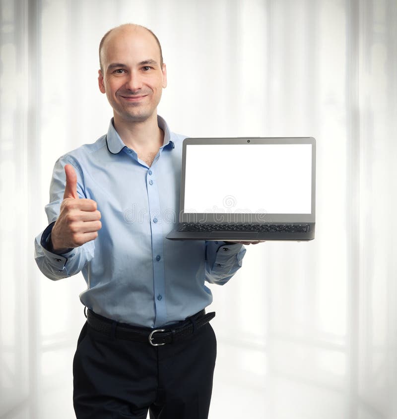 Man Show Blank Screen Laptop Computer Thumb Up Stock Photos - Free ...