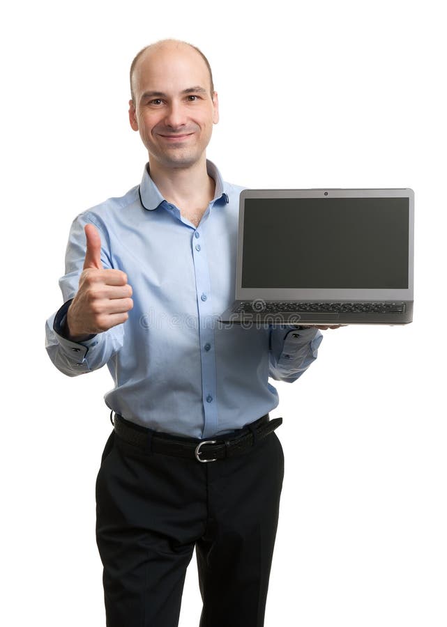 Man Show Blank Screen Laptop Computer Thumb Up Stock Photos - Free ...