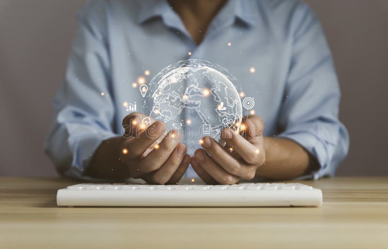 Businessman Showing a Globe with an Icon. Big Data Digital Link ...