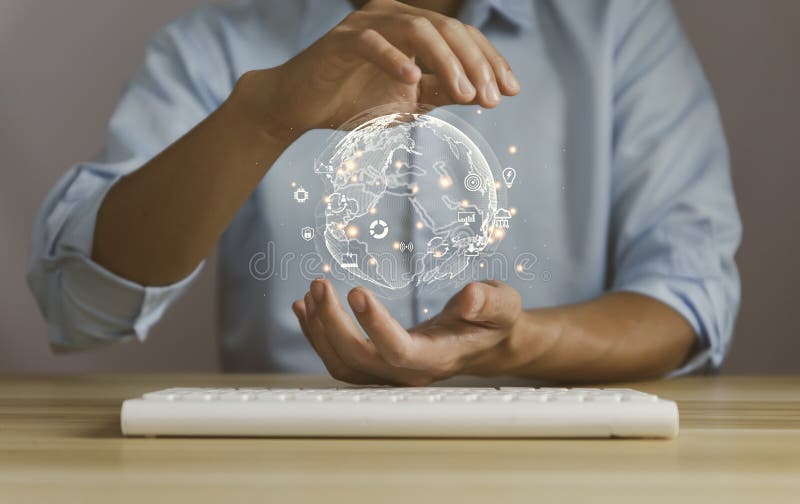 Businessman Showing a Globe in His Hand Digital Technology Shows ...