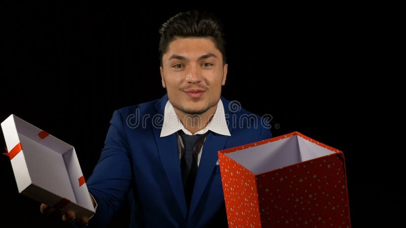 Businessman Showing and Opening Surprise Gift Box Package Stock Video ...