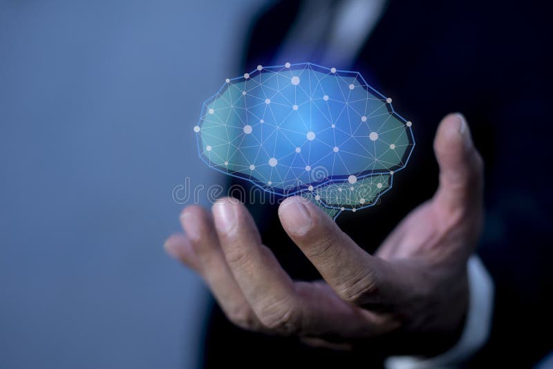 Businessman Showing Virtual Glowing Brain. Smart Thinking Concept and ...