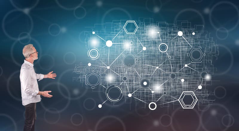 A Network Explained by a Businessman on a Wall Screen Stock Photo ...