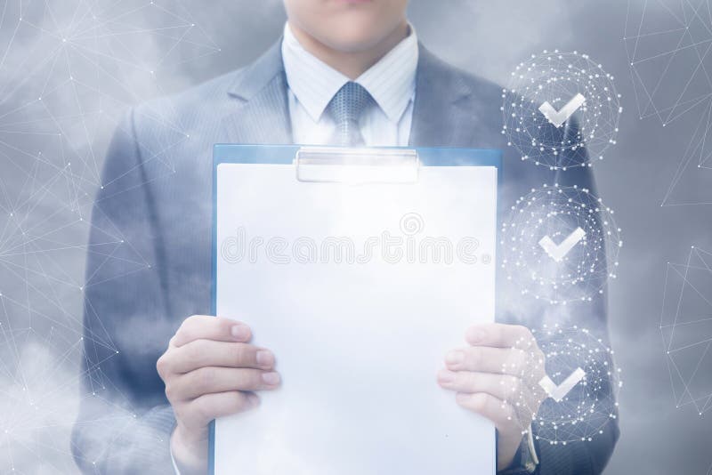 Businessman Shows a Check Sheet on a Blurred Sky Background Stock Image ...