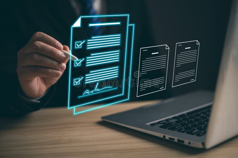 Businessman Sign Digital Documents Online in the Office, Document ...