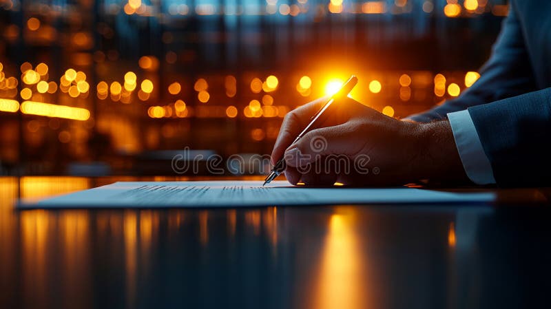 Businessman Signing Contract with Pen, Illuminated by Warm Light. Scene ...