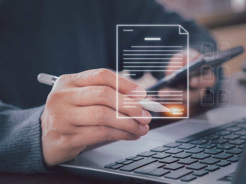 Businessman Signing Documents through Interface on Office Desk at Home ...