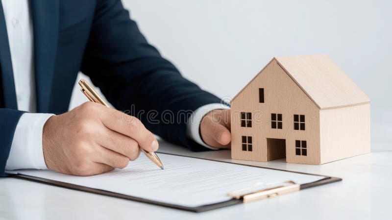 A Businessman Signing Documents with a Miniature House Model Stock ...
