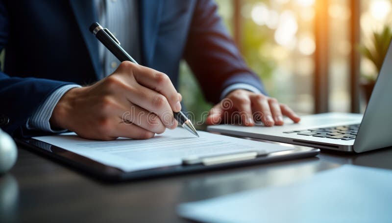 Businessman Signs Contract on Document Using Pen. Modern Tech Tools ...