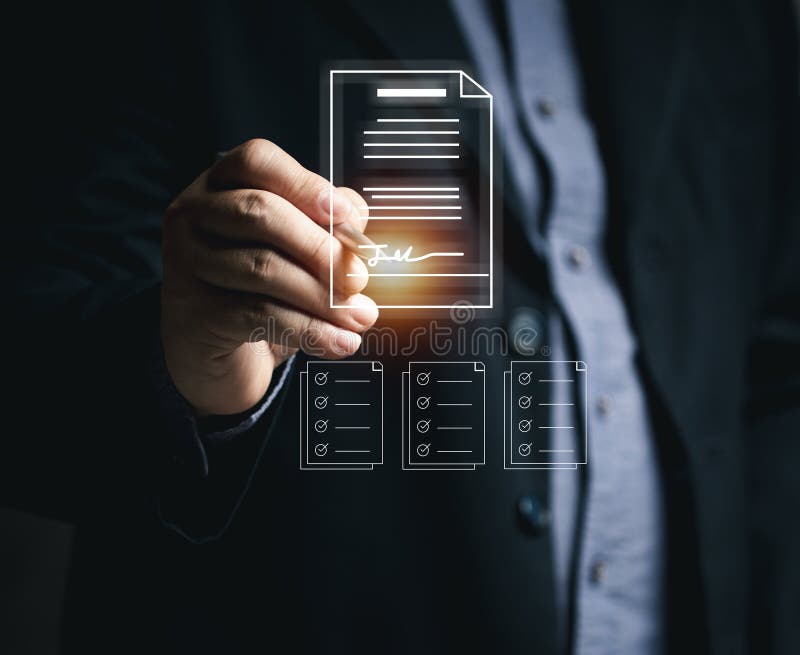 Businessman Signs Documents To Approve Work Online Using Mobile Virtual ...