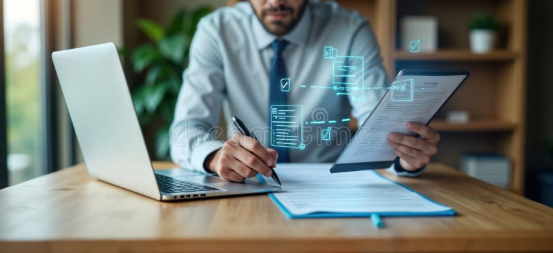 Businessman Signs Electronic Document on Virtual Laptop. Digital ...