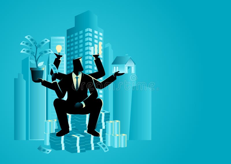 Businessman Silhouette Sitting on Money Stack Multiple Arms Stock ...
